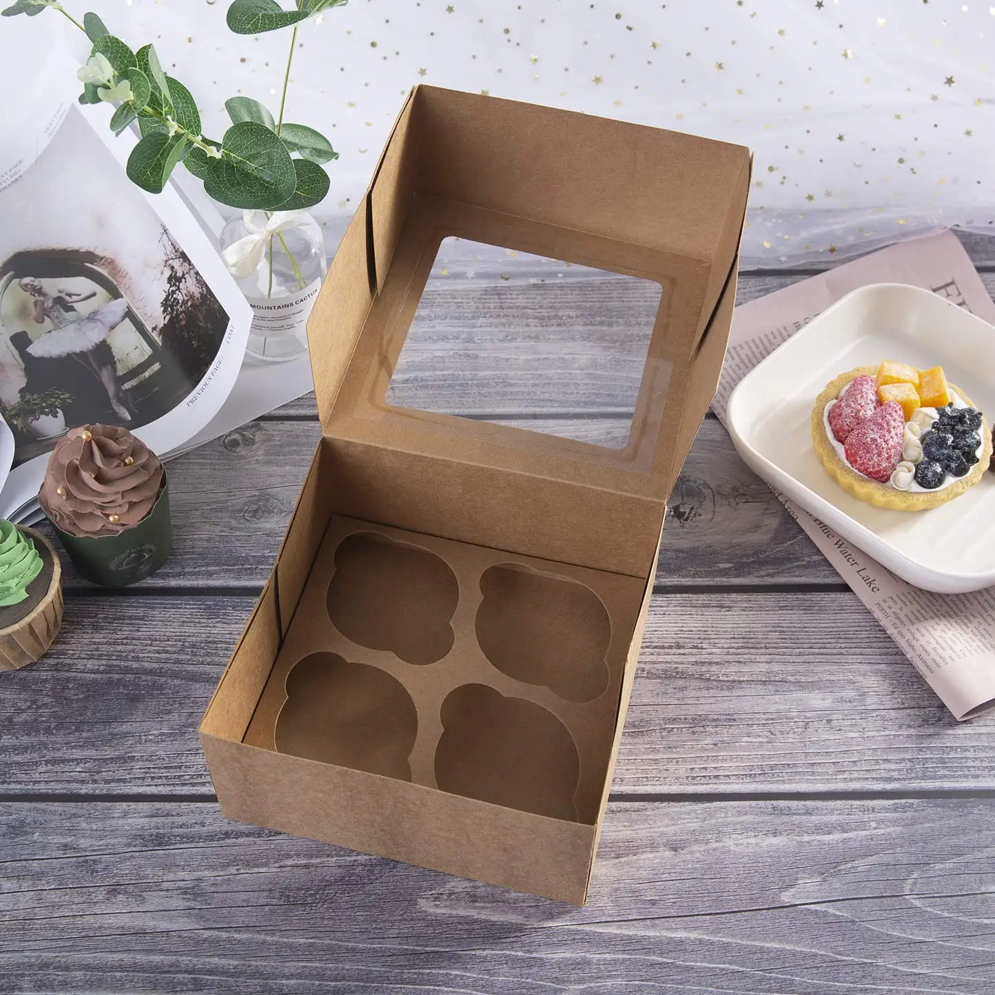 4 Cavity Kraft Paper Cupcake Cookie Gift Boxes With Clear Window For ...