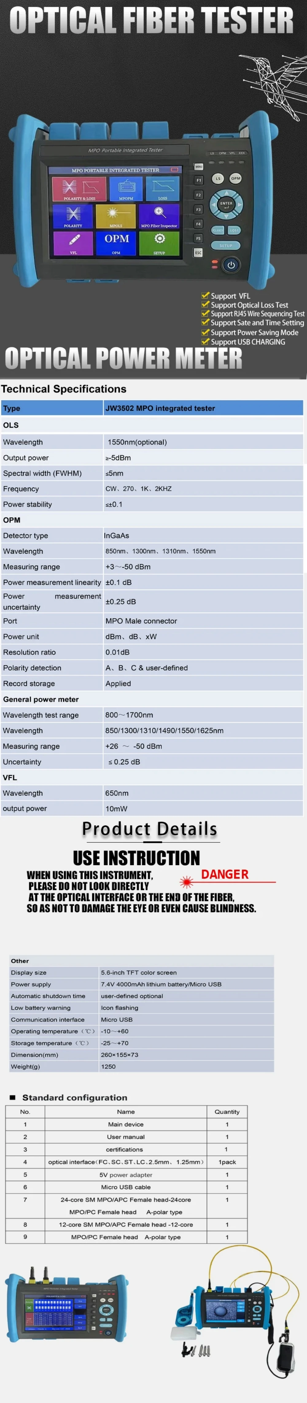Joinwit MPO handheld 12/24 core MPO fiber optic tester optical power ...