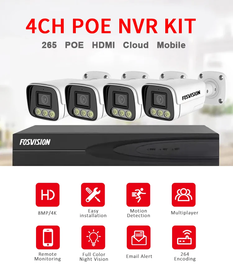 Fosvision 4ch POE NVR KIT 4K 8MP Outdoor Waterproof Bullet IP Camera CCTV Systems Home Security ...