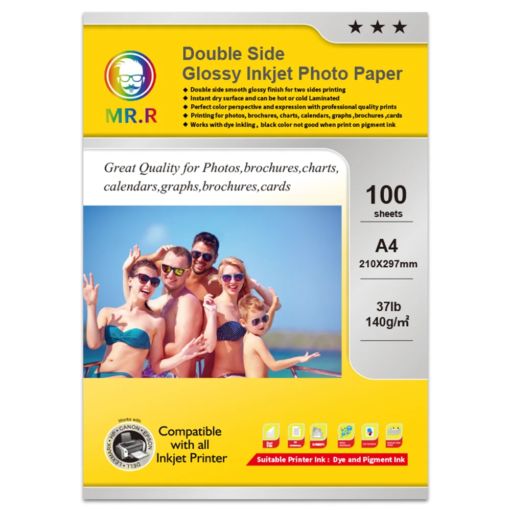 Mr.r High Glossy Cast Coated Inkjet Printing Photo Paper Waterproof Double Side 140gsm A4*100 ...