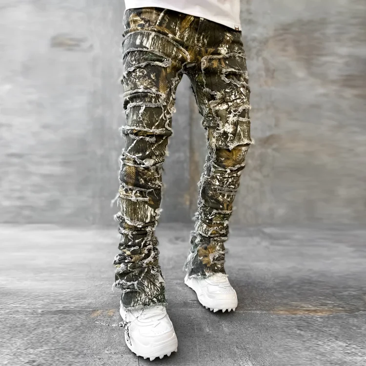 On Trend Streetwear Men Stacked Jeans Forest Camo Tree Print Skinny ...