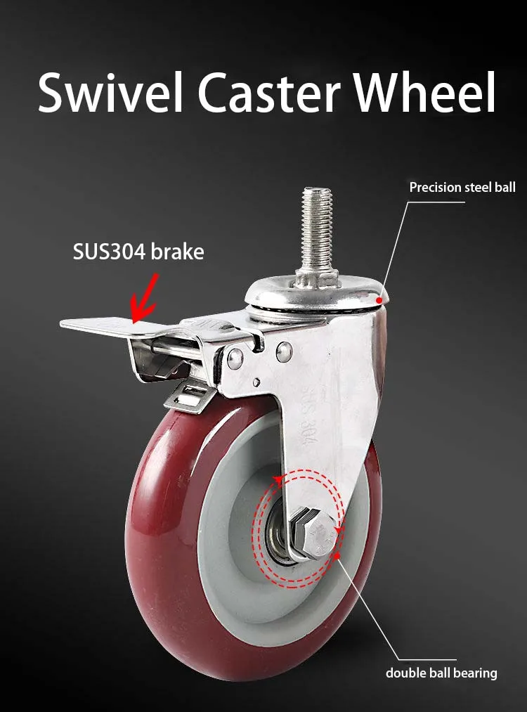 Stainless Steel Bracket With Swivel Red Pu Caster Wheel 3 Inch 4 Inch 5 ...