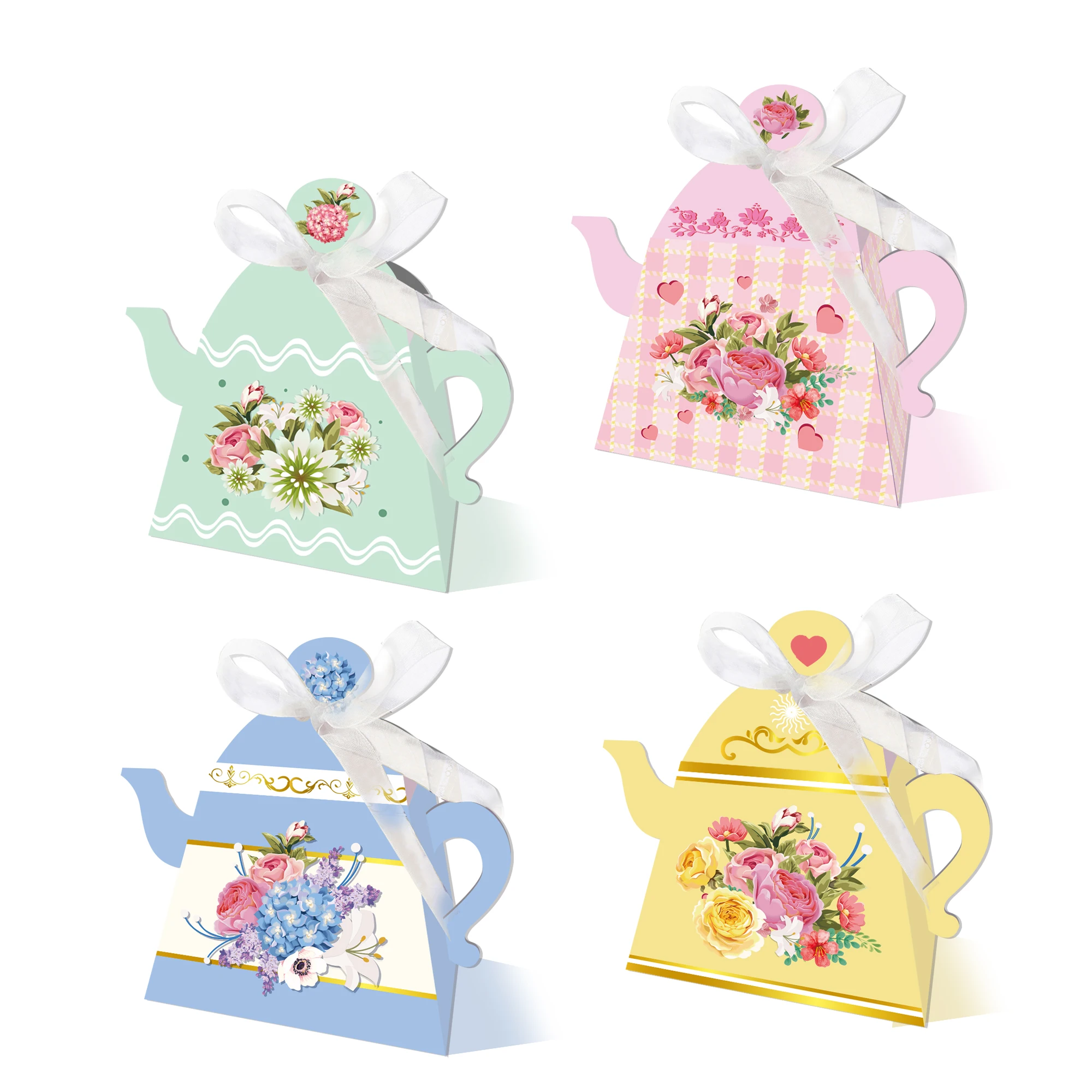 Kz053 Vintage Floral Tea Party Favor Box 12 Pcs Teapot Shape Paper Bow ...