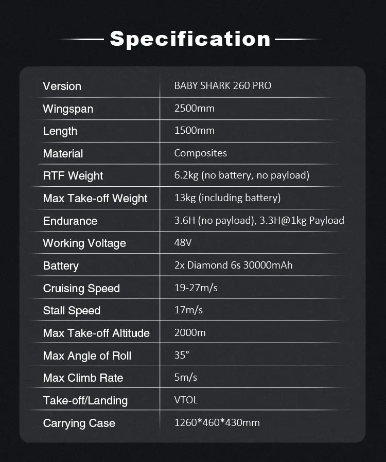 Baby Shark 260 Pro 2.5m Wingspan 3.6h Endurance Long Distance Vtol ...