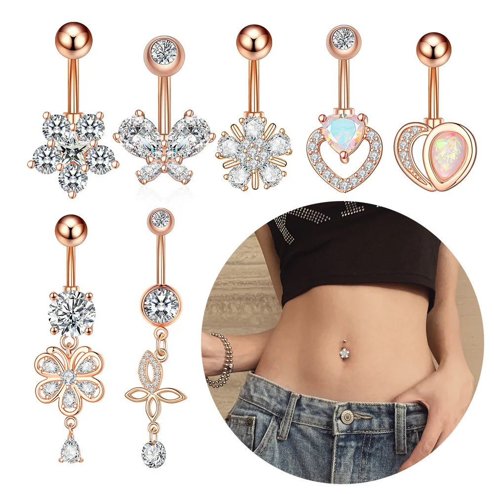 New Arrival Navel Button Rings Set Pink Crystal Belly Ring Stainless Steel Belly Piercing