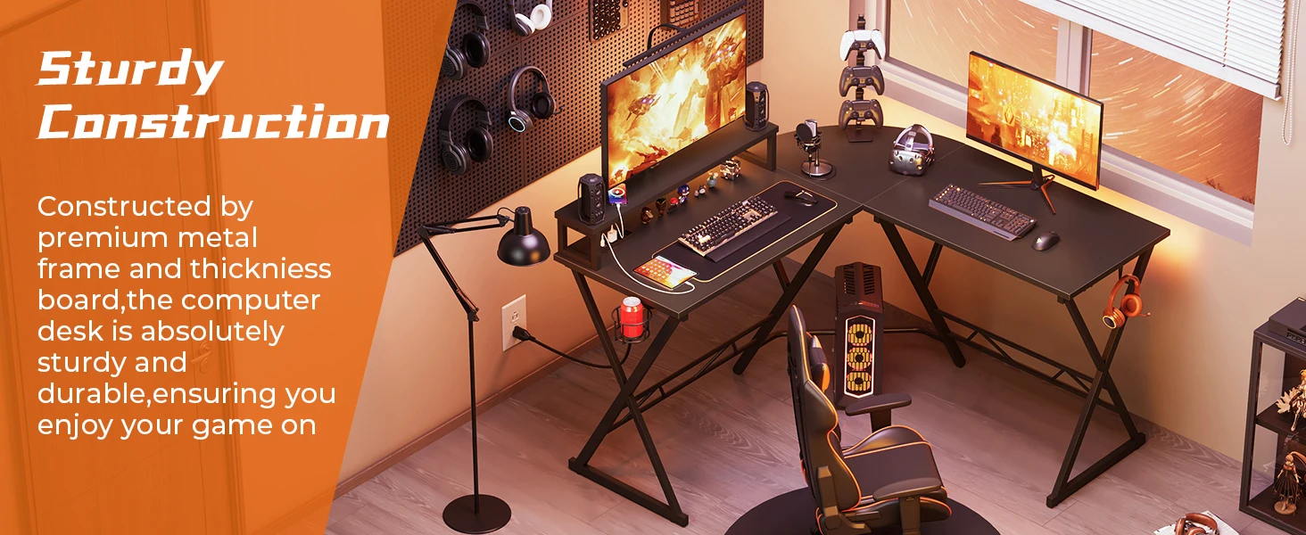 Modern L Shaped Gaming Table with Power Outlets Home Office Round ...