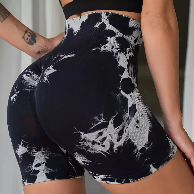 Sexy Tie Dye Seamless Fitness Pants Women High Waist Hip Lift Sports Tight Shorts Running Peach