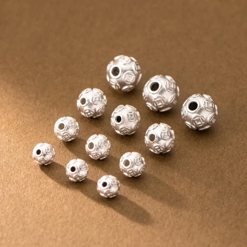 S999 Pure Silver 3d Coin Pattern Round Spacer Beads Accessories ...