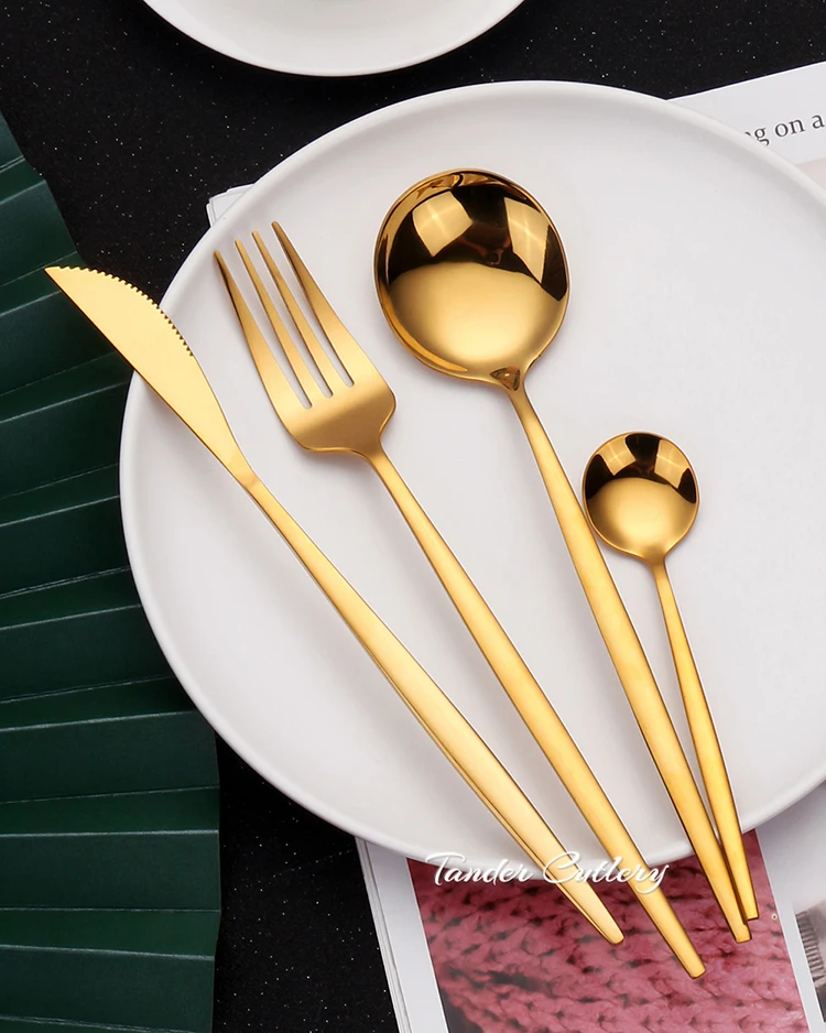 Modern Reusable Flatware Titanium Black Gold Color 4 Piece Cutlery Set ...