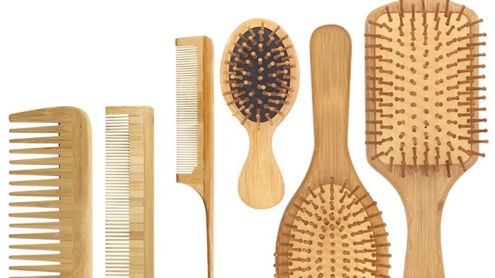 6 In 1 Custom Logo Natural Paddle Hair Brush Set Bamboo Wood Hair Brush ...