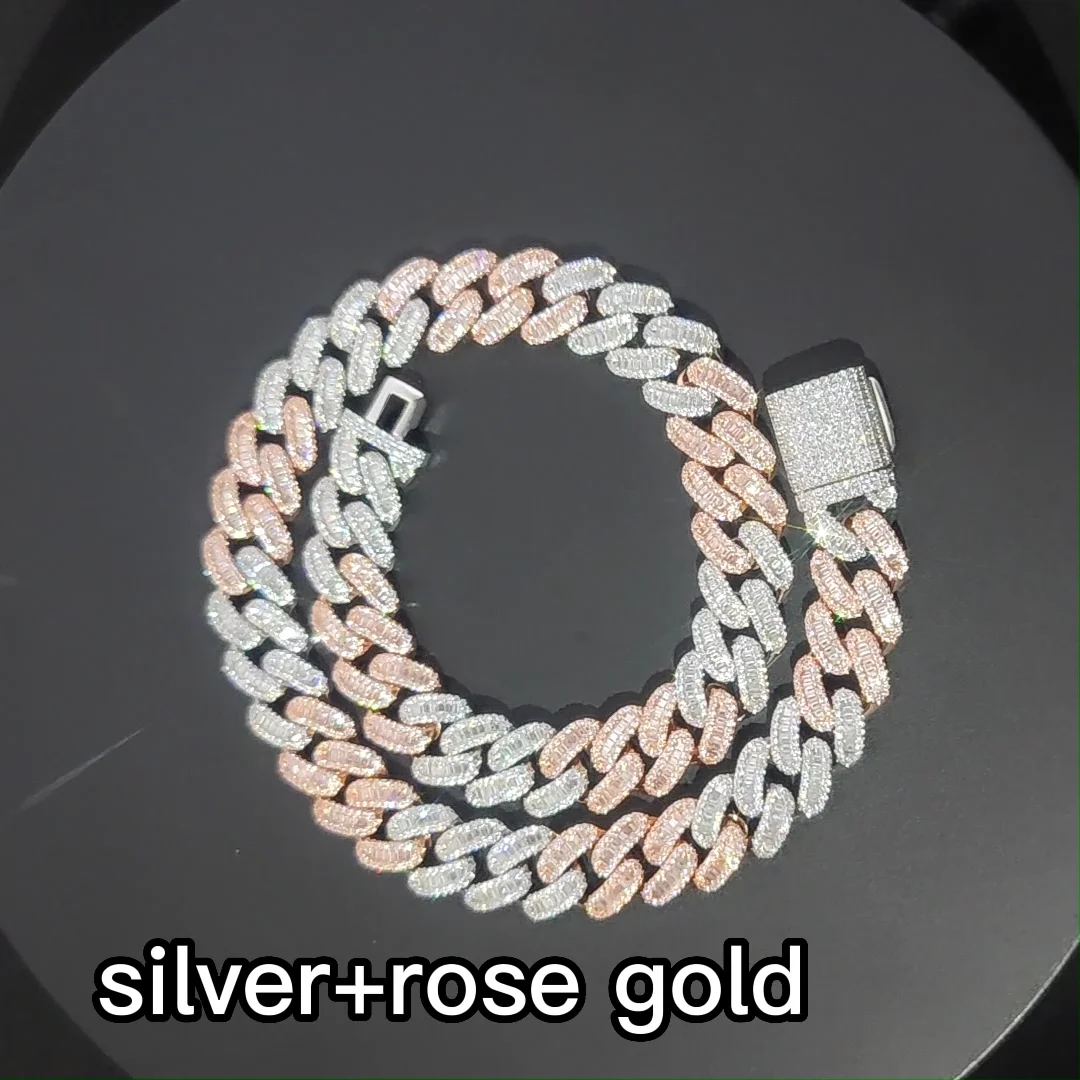 High Quality Ice Cuban Chain Lab Diamond Two Tone Pink Silver Plated ...