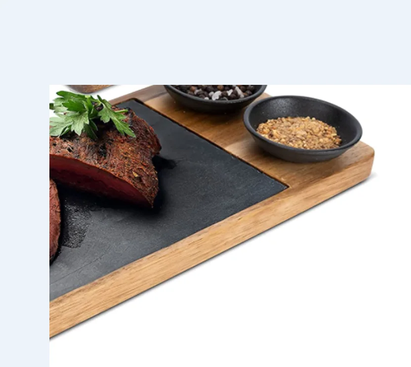 Wood Steak Serving Board with Slate Plate & Sauce Bowls