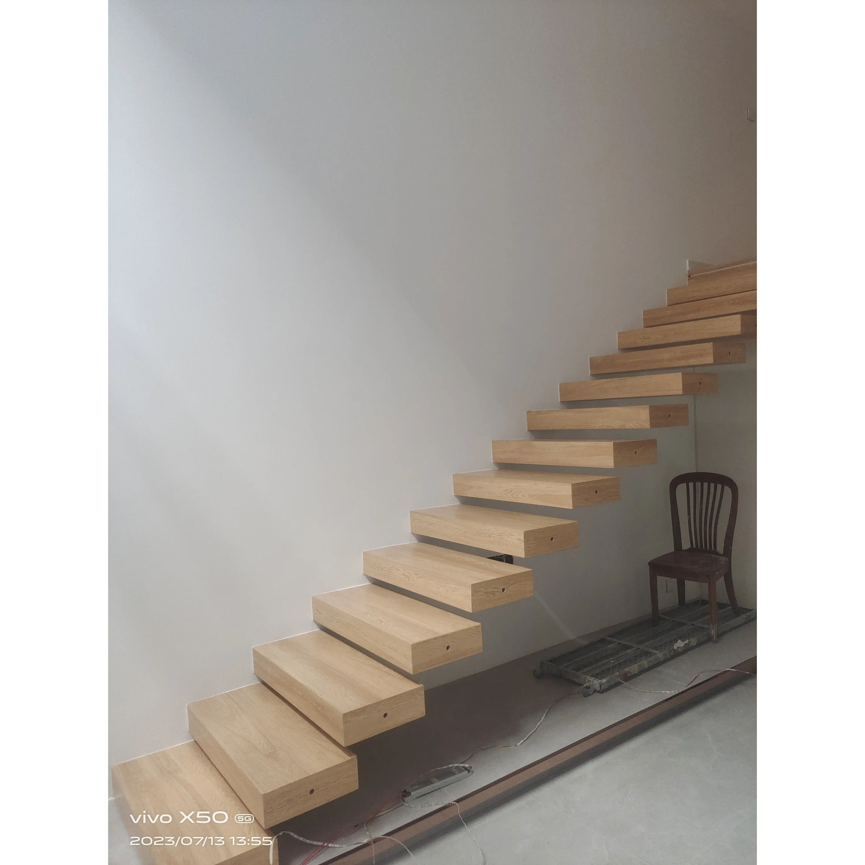 Basement Interior Wooden Floating Staircase Wood Folding Ladder White ...
