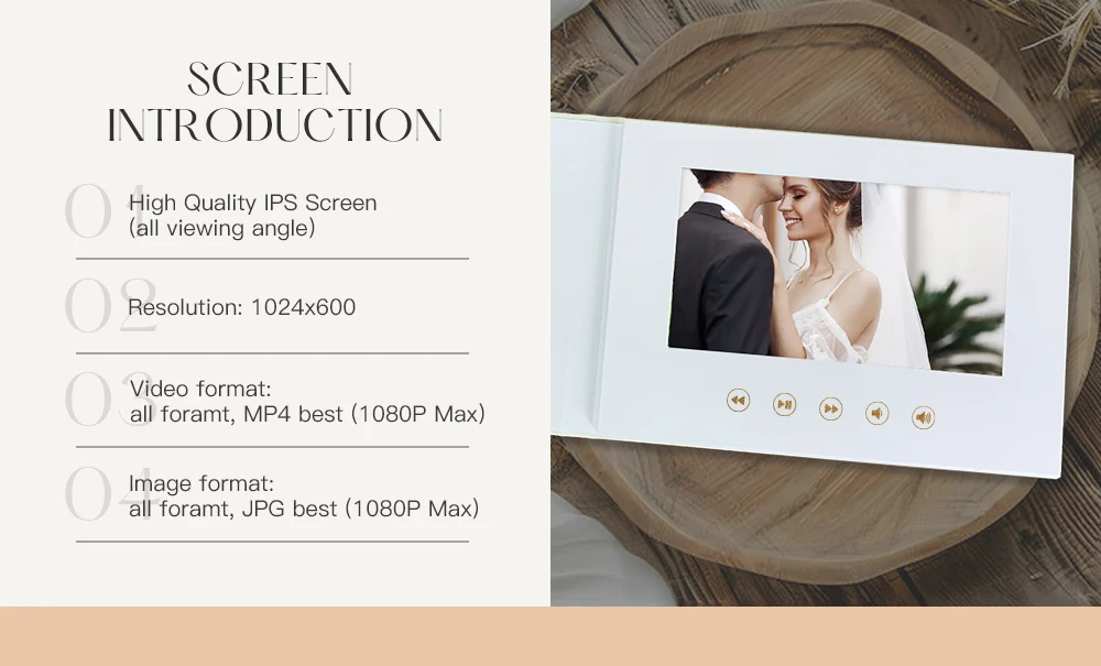 Luxury Linen Bound Wedding Video Album - 7 Inch IPS Display