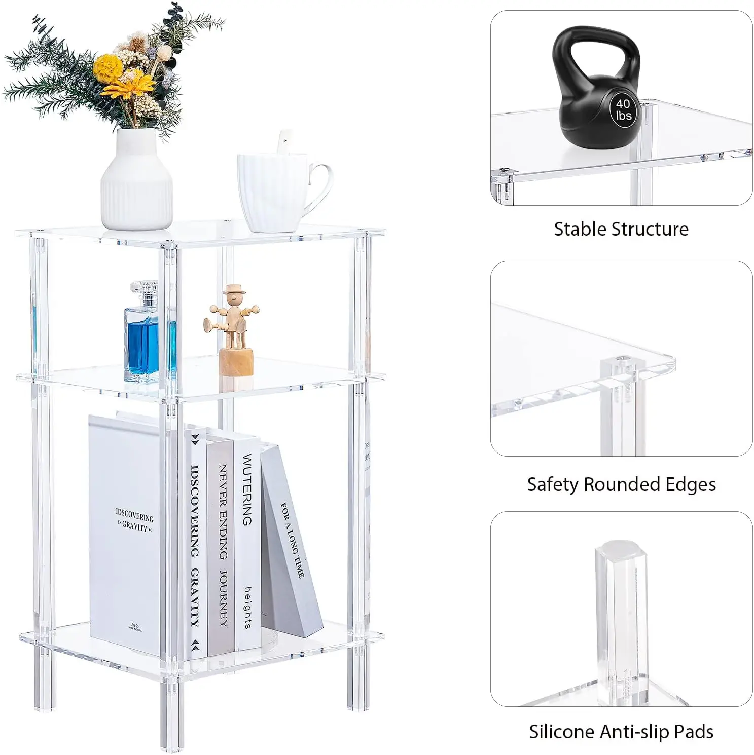 Eglaf 3-tier Clear Acrylic Side Table Square Leg Small End Table ...