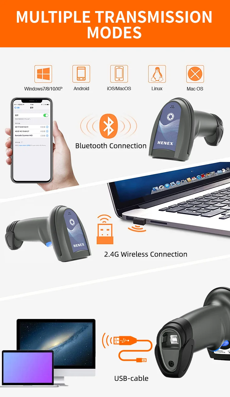 Henex Handheld Bluetooth Barcode Scanner Qr Code Pdf417 2d Barcode ...