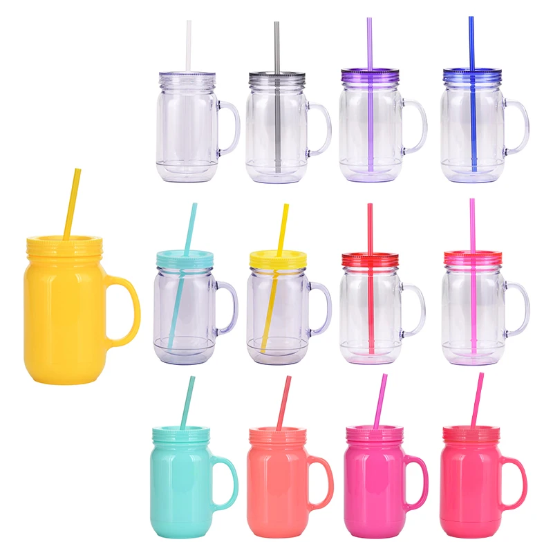 Clear Plastic Wide Mouth Cup 20oz Drinking Bottle With Colored Lids Mason Jar Mugs With Handles ...