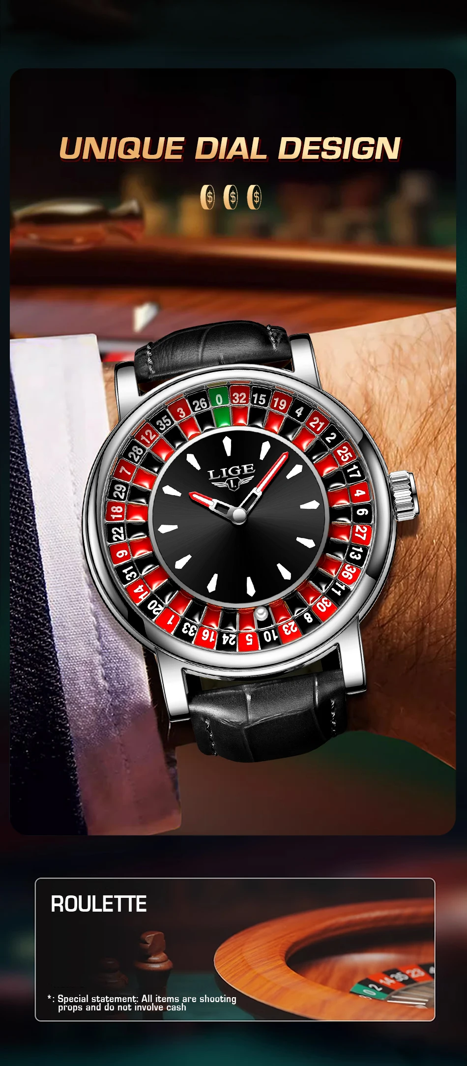 LIGE LG89161 Quartz Movement Roulette Watch - Luminous Mens Watch for ...