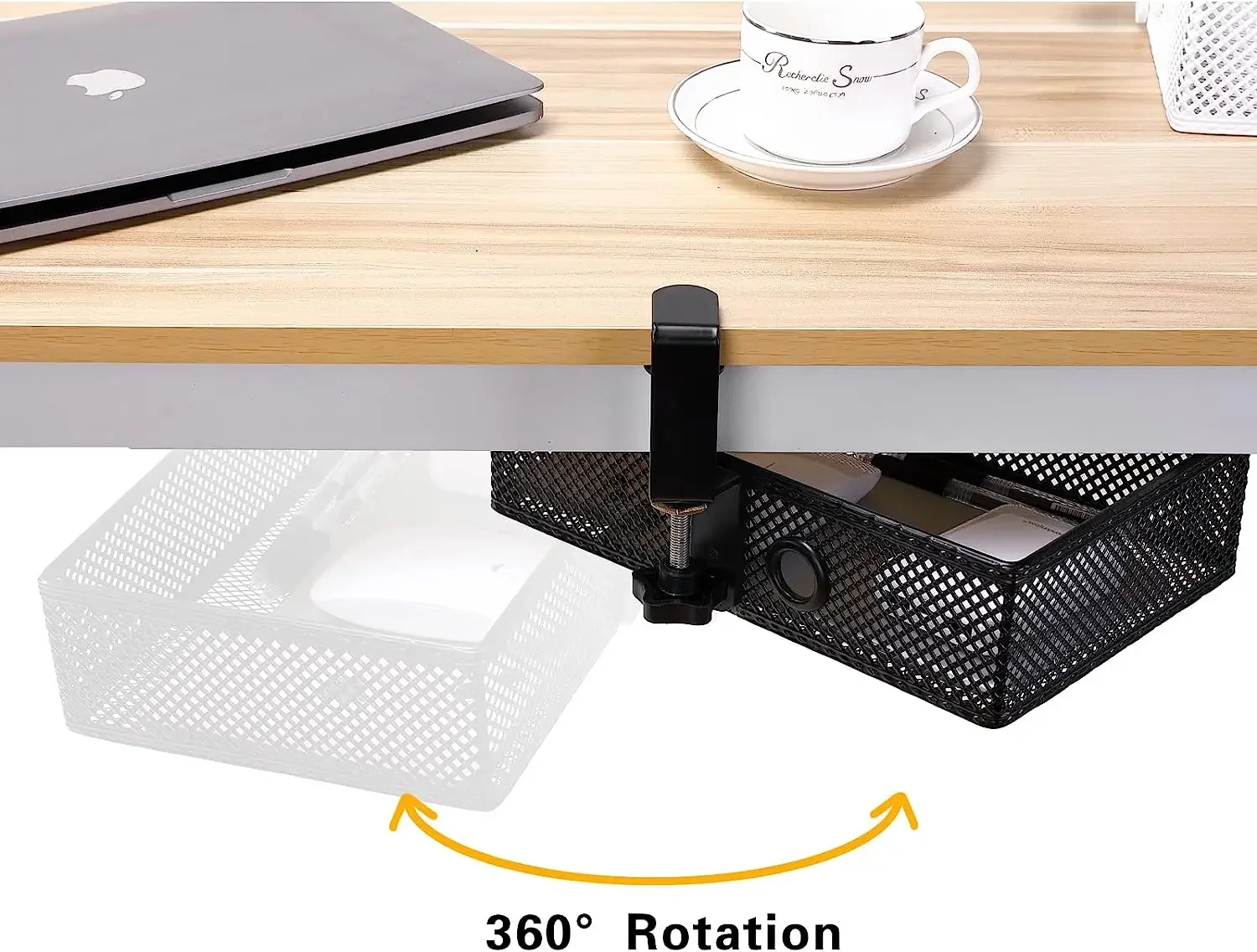 360 Rotary Desk Storage Organizer with Cup Holder C-Clamp Mount
