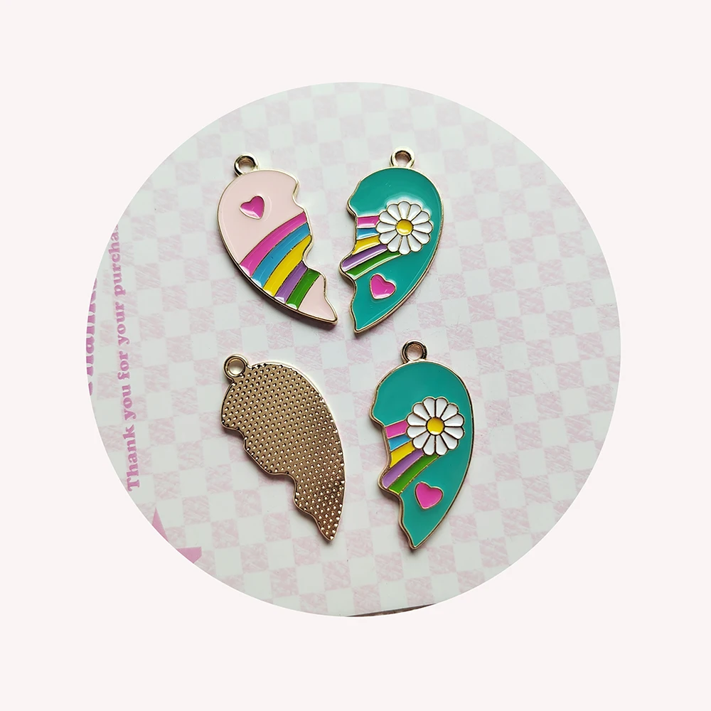 100pairs Enamel Rainbow Flower Heart Charms For Handmade Bracelet ...