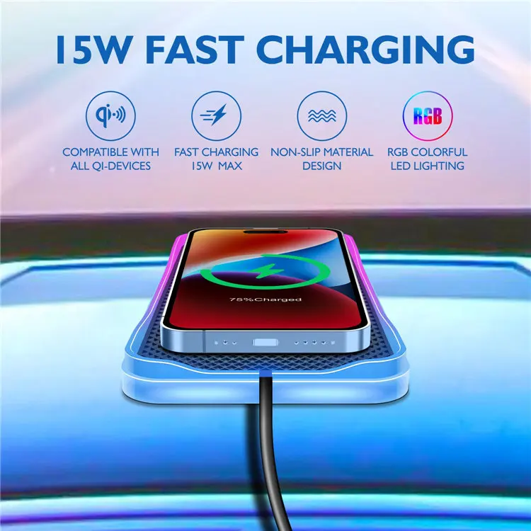 2023 New Design 15w Fast Charging Car Wireless Charger Mat Rgb 7 Lights ...