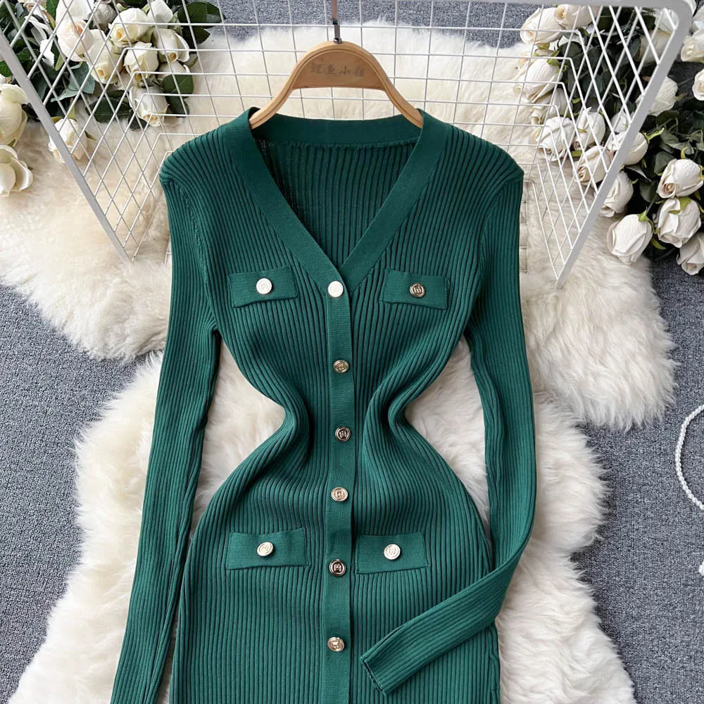 2022 Autumn Winter V-neck Long Sleeve Knitted Tight Fitting Slim Fit ...