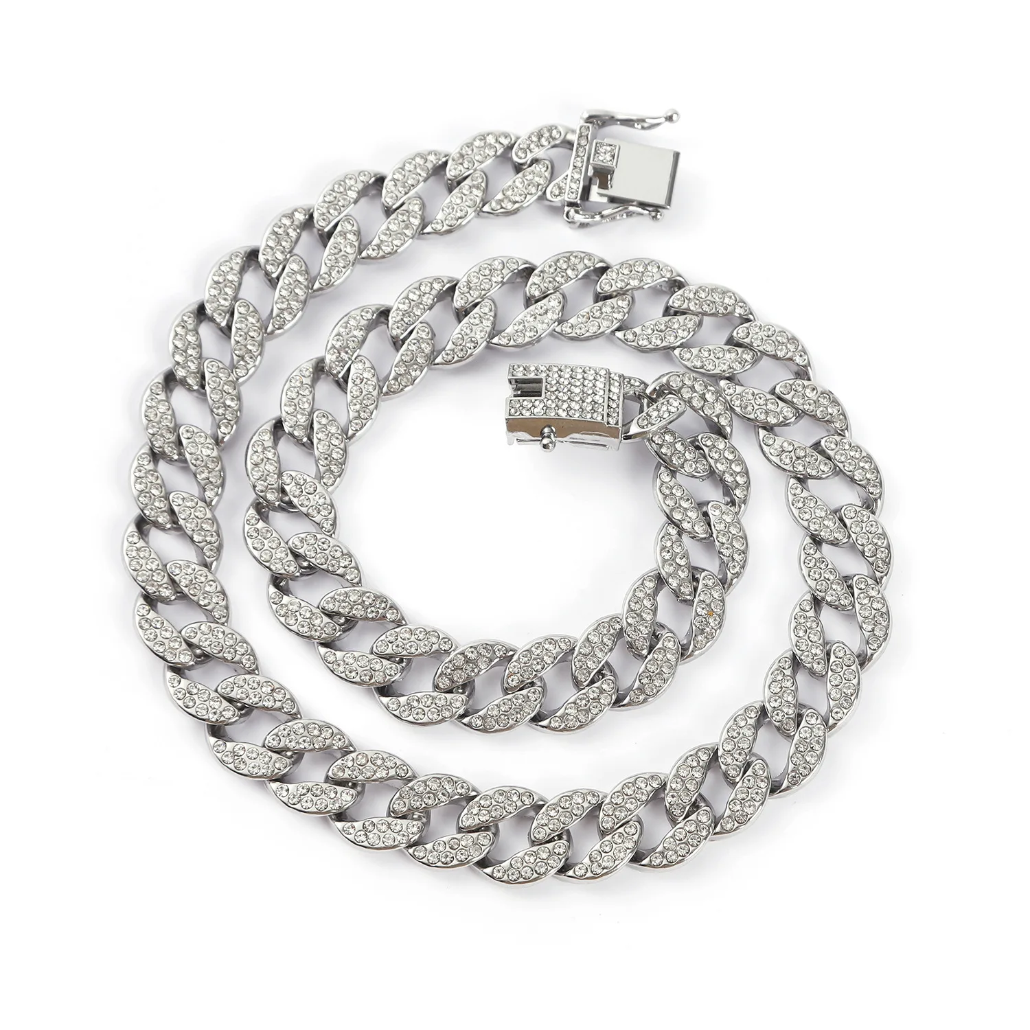 Full diamond 15mm cuban link chain necklace zinc iced out rhinestones ...