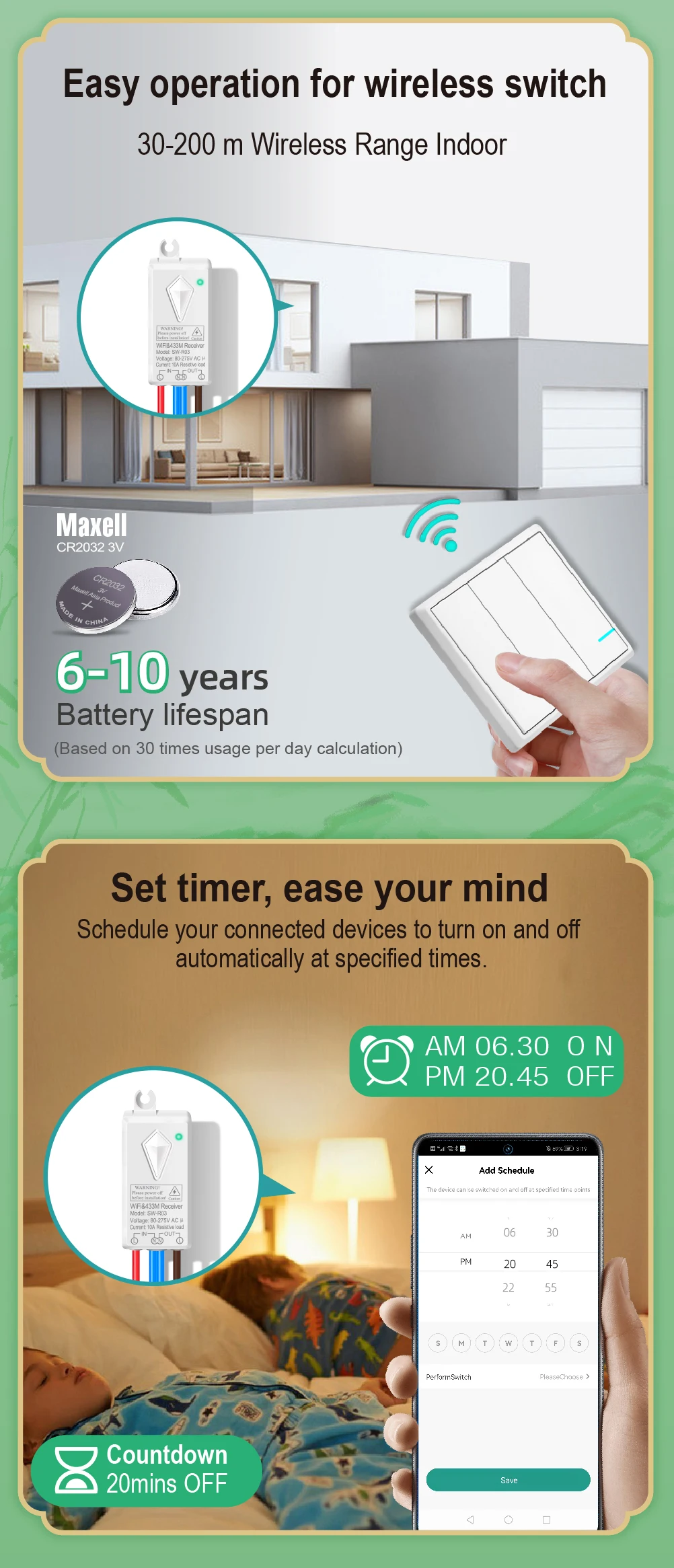 10A 3-Gang Smart Wall Switch Mini Receiver Remote Control 3-Way Ceiling ...