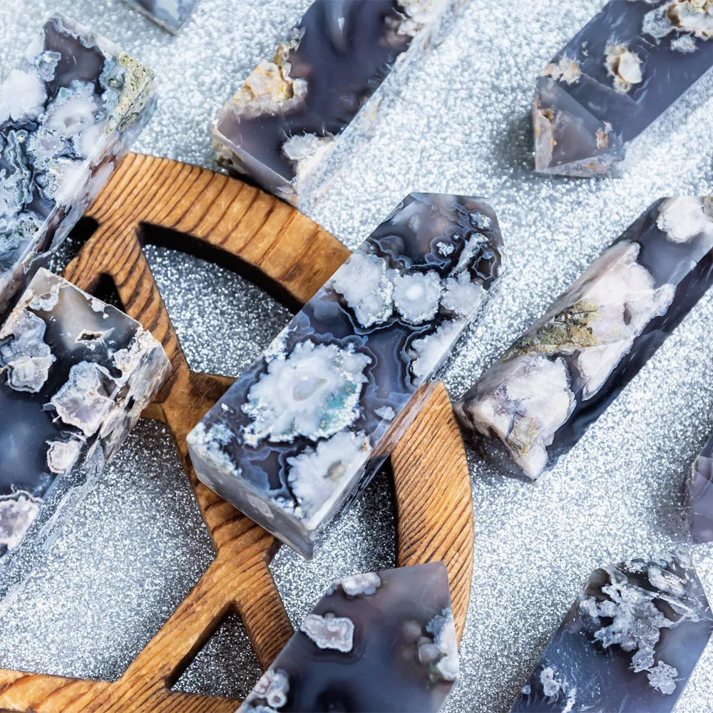 Wholesale Natural Crystal Black Flower Agate Point Tower For Healing ...