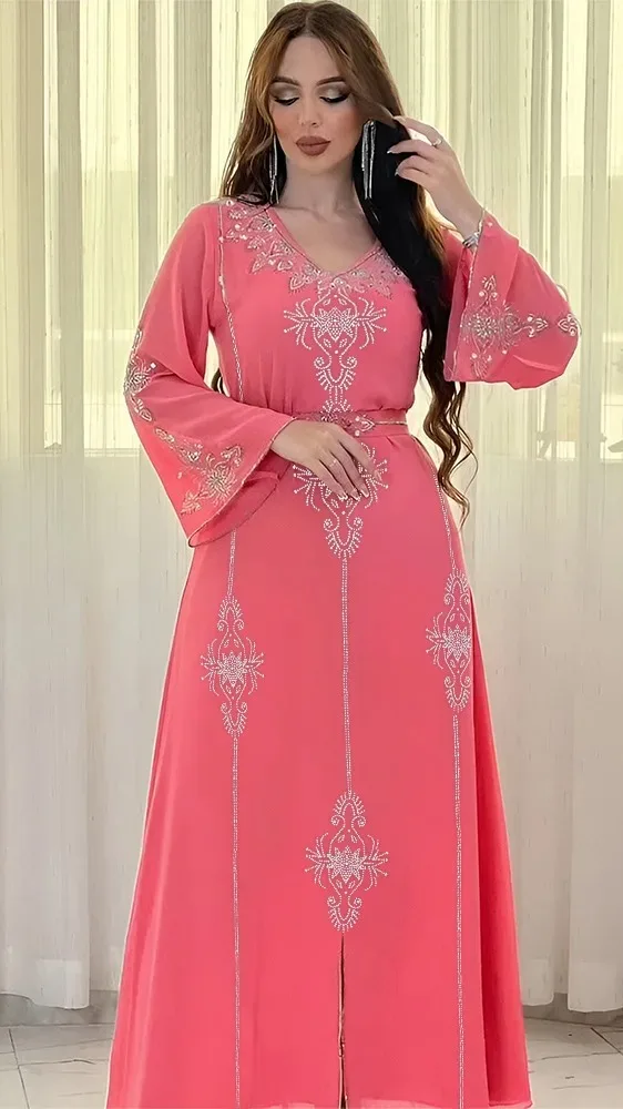Middle East Fashion Modest Abaya Caftan Dress Arab Dubai Rhinestone ...