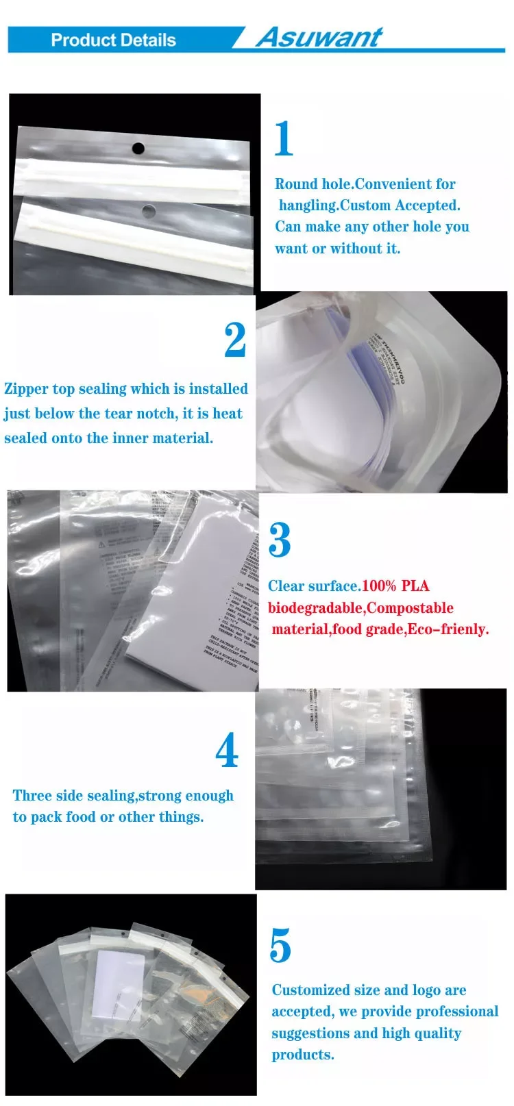 Clear Biodegradable Packaging - PLA Material Zipper Bags