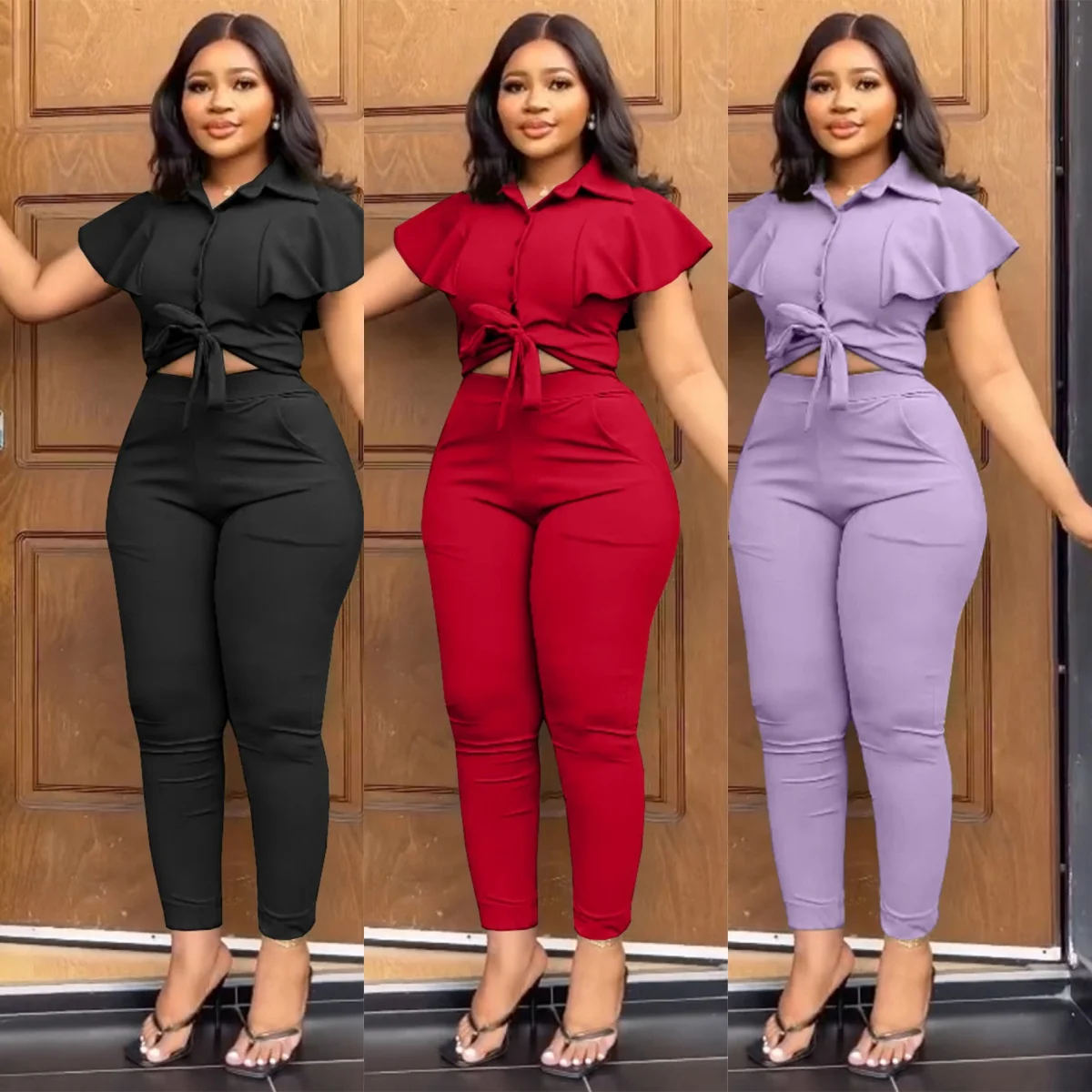 T101 New Solid Color Customized Tracksuit Summer Falbala Sleeve Lace-up ...