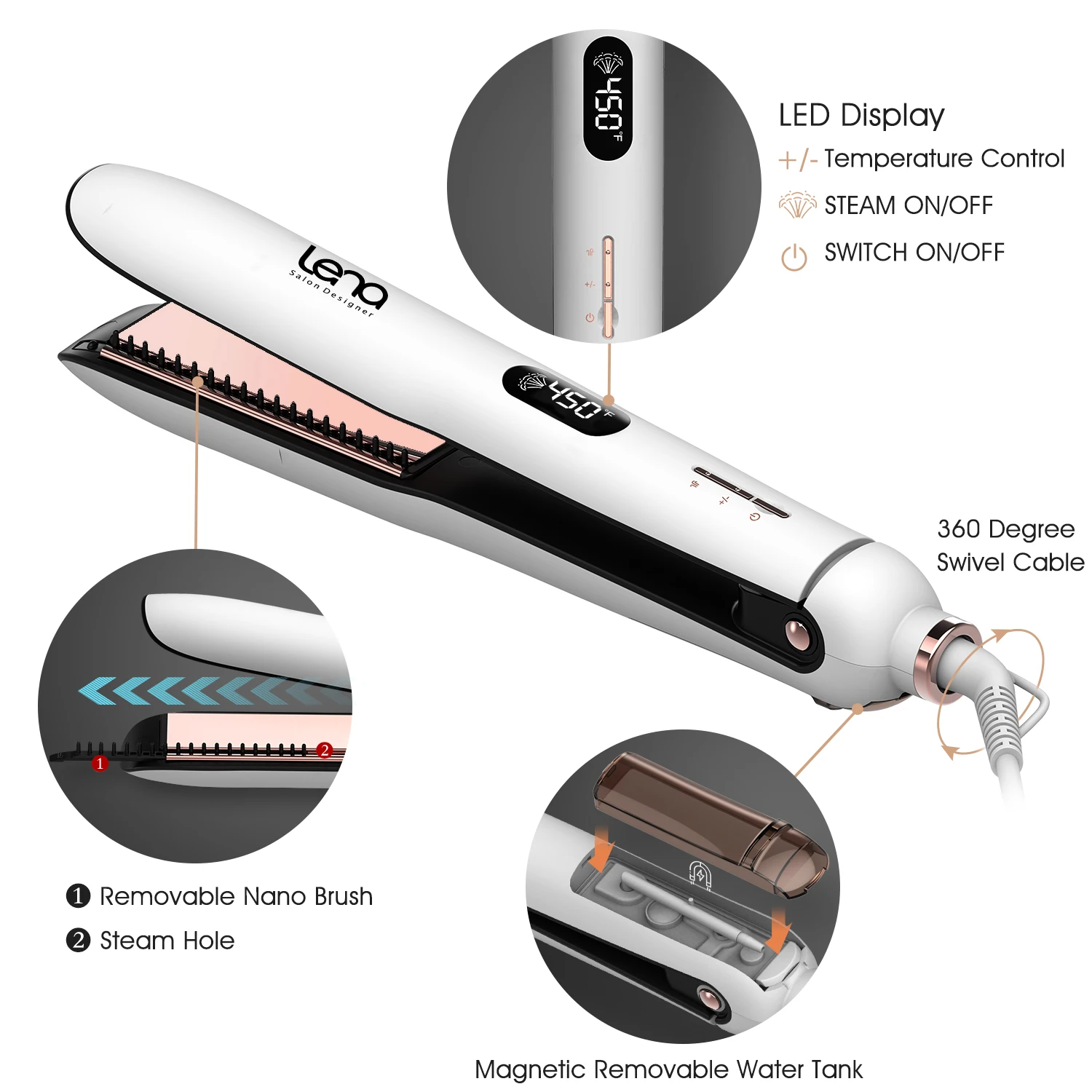 Lena 450° 2 in 1 Portable Hair Steam Straightener - Titanium Flat Iron ...