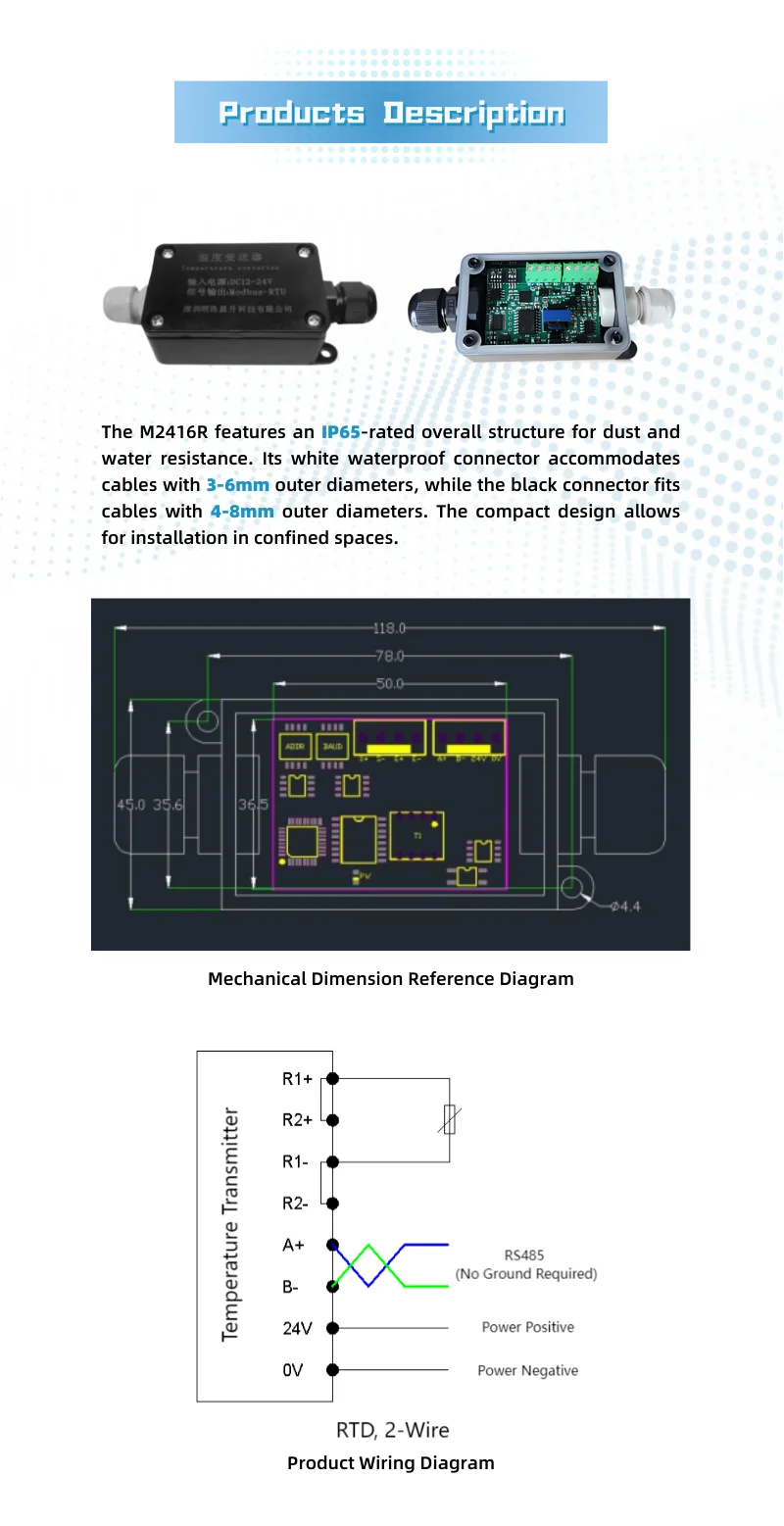M2416R High Precision RTD Temperature Transmitter Modbus-RTU with ...