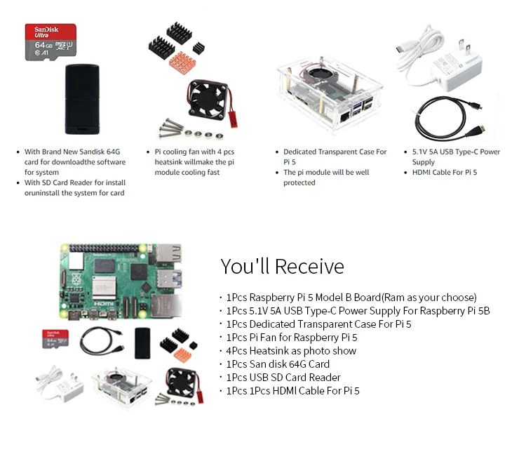 Raspberry Pi 5B Model B 4GB 8GB RAM DIY Kit+with Transparent Case+Pi ...