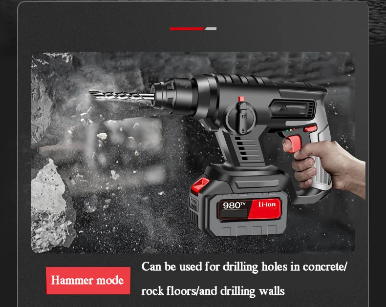 Rotary Impact Cordless Electric Hammer Drill For Concrete Wood Drilling ...