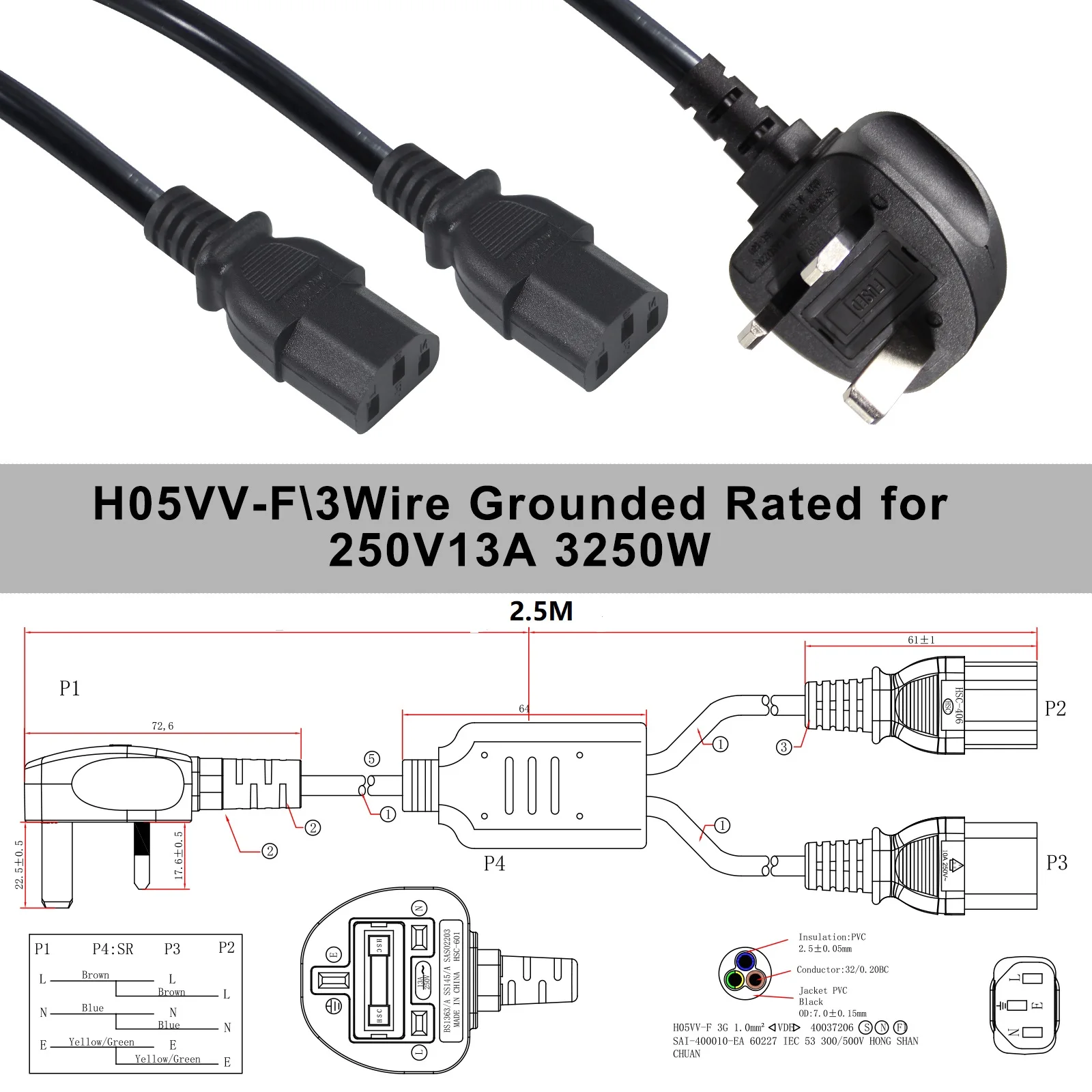 British 3 Prong Dual C13 Plug Y Splitter Power Cord 2xc13 Extension ...