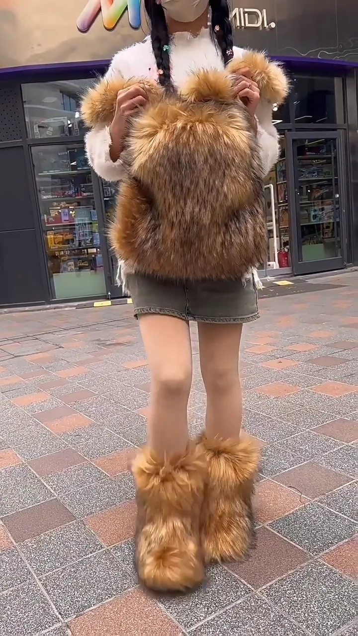 Idoit Latest Fluffy Backpack Solid Travelling 3 Pcs Set With Matching ...