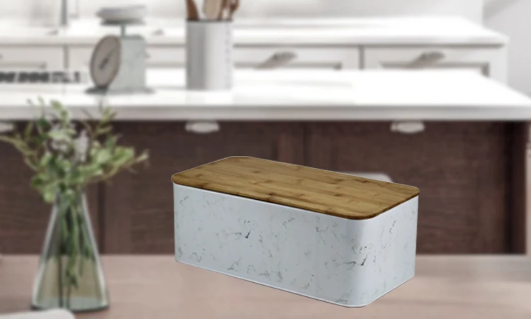 BX 2023 Hot Sell Bread Box Metal Marble Bread Box with Bamboo Lid ...