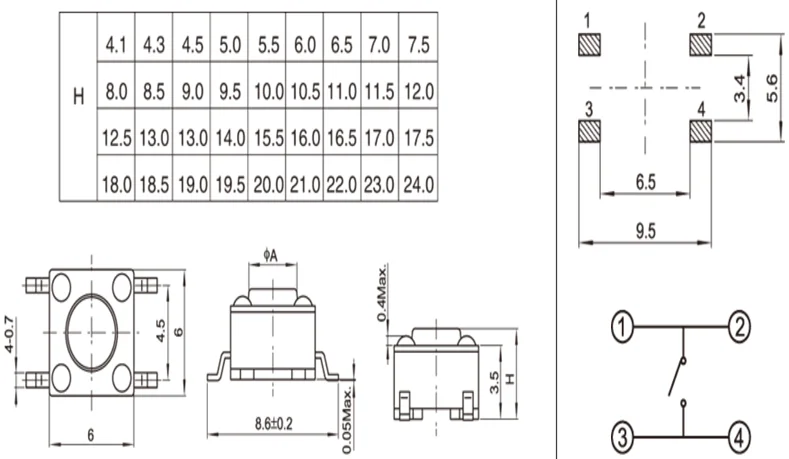 Height Of 6x6x9 Mm Pushbutton Switch 4 Pin Tactile Tact Switch Is 4 H 5 ...