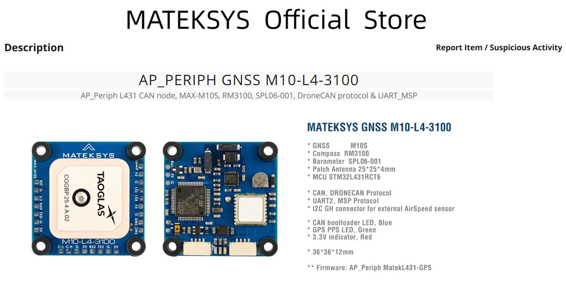 Mateksys M10-L4-3100 GPS Compass Module for FPV Racing Drones