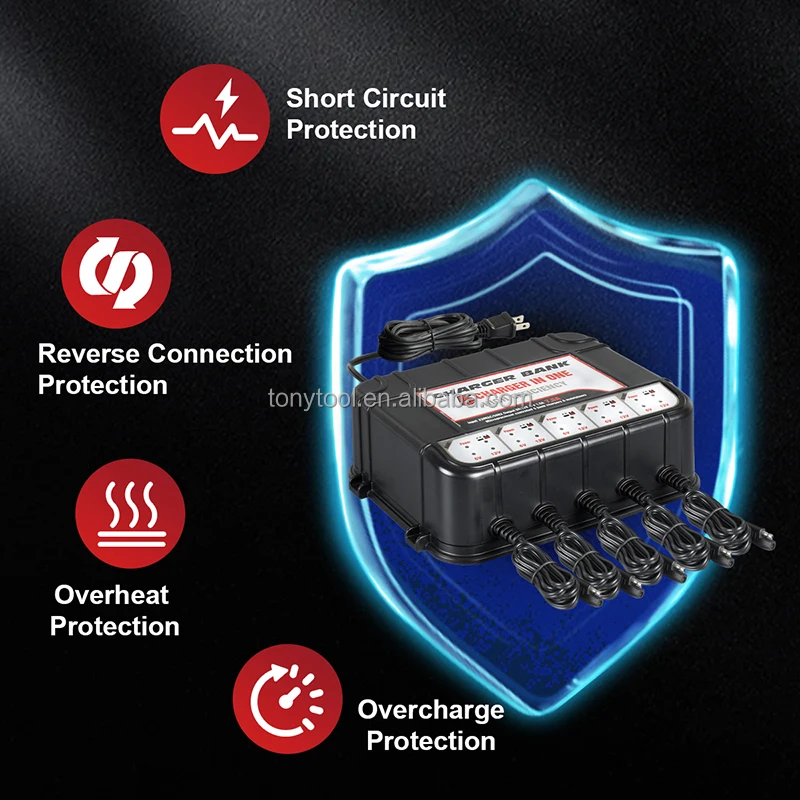 5-bank Smart Battery Charger - 6V/12V 10A Automatic Car Maintainer
