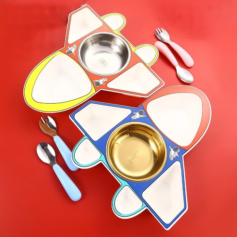 New 2024 cute cartoon 6 grids kids baby plane plastic lunch box plate ...