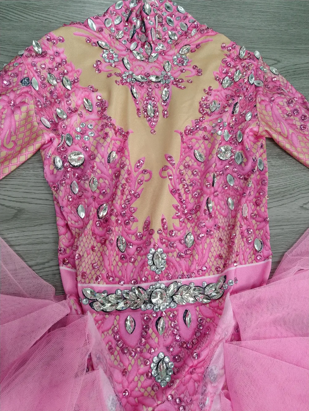 Pink Sparkly Club Crystal Printed Leotard Elastic Tights Mesh Ruffles ...