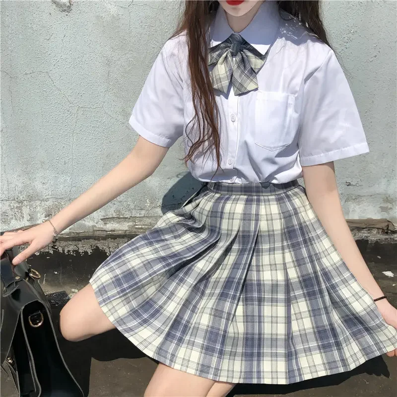 Skirt Sets Girls Jk Uniforms Bow Short Sleeve Shirt Plaid Pleated Skirt ...