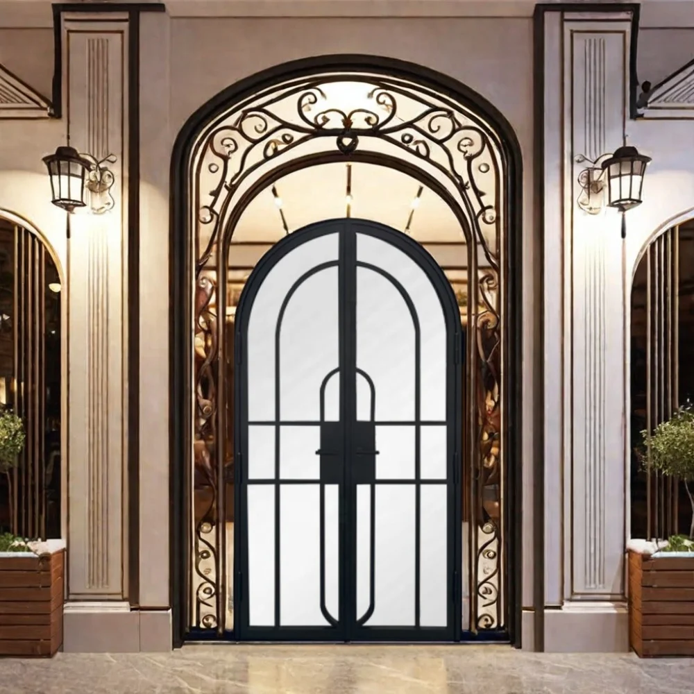 Modern French Wrought Iron Glass Door With Arched Design Steel Material ...