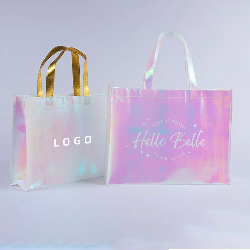 Custom Logo Reusable Pink Holographic Shopping Bag
