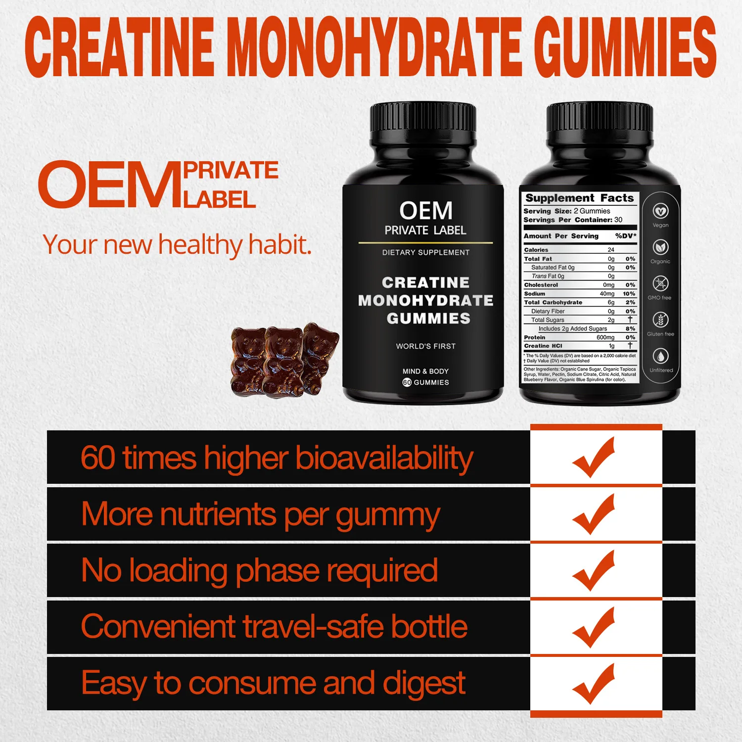 OEM/ODM GMP Creatine Monohydrate Powder Muscle Building Energy Gummy ...