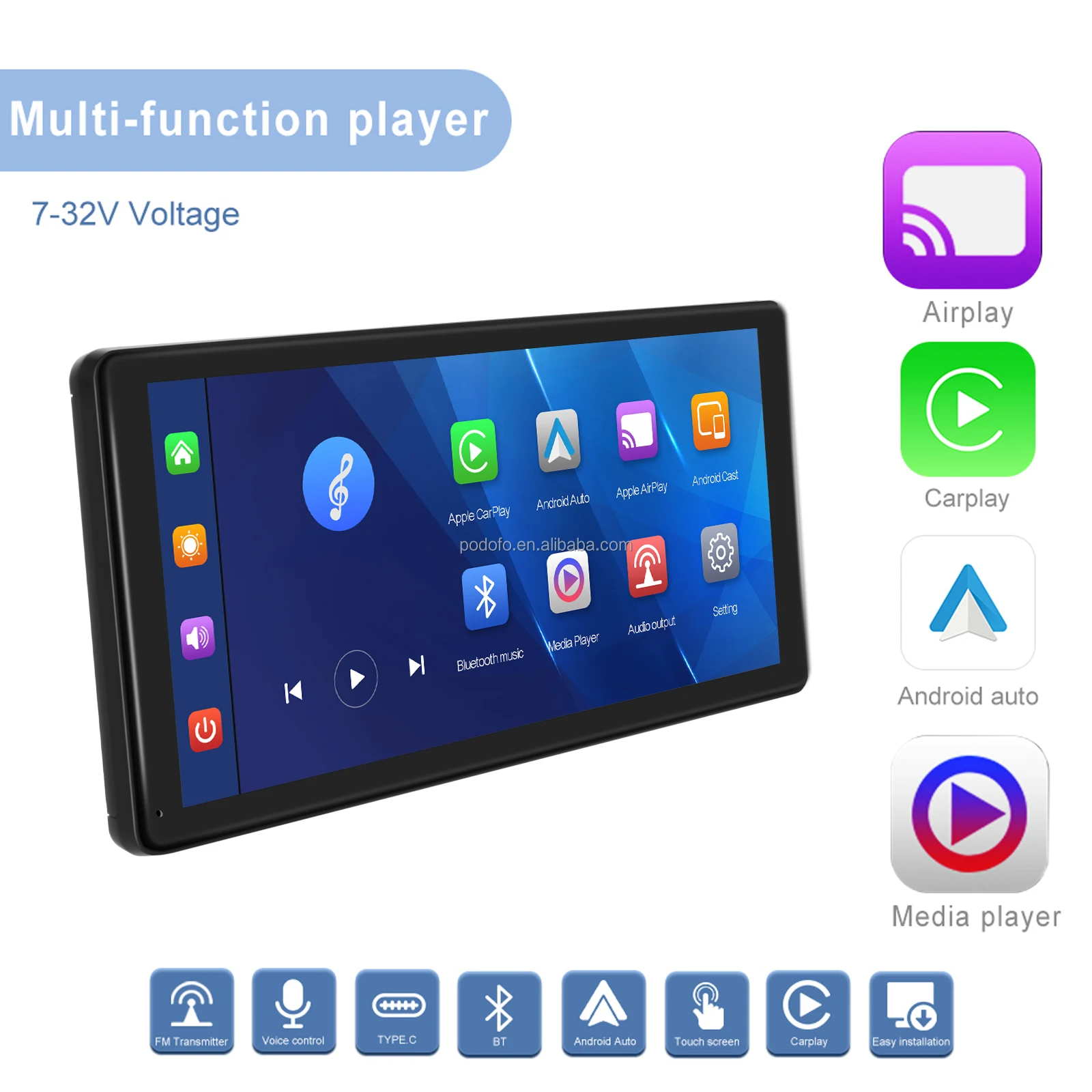 Podofo Portable Carplay & Android Auto Car Radio - 10.36" Touch Screen