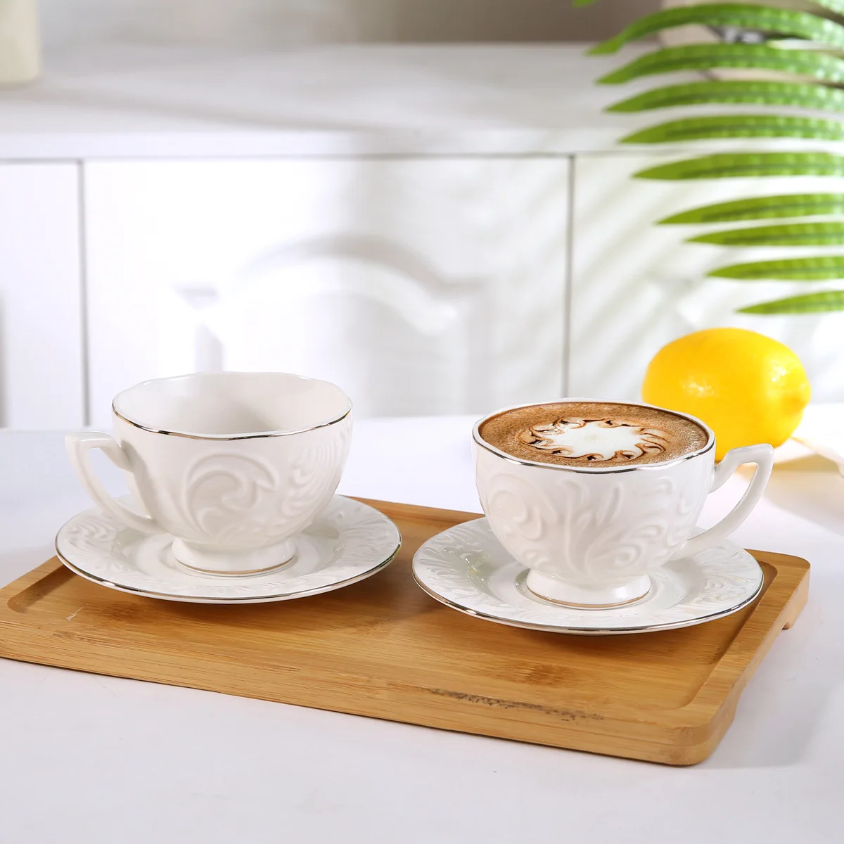 Luxury White Gold Tea Cups Set of 6 Turkish Embossed Coffee Cups Set 220ml Ceramic Tea Gift Set ...